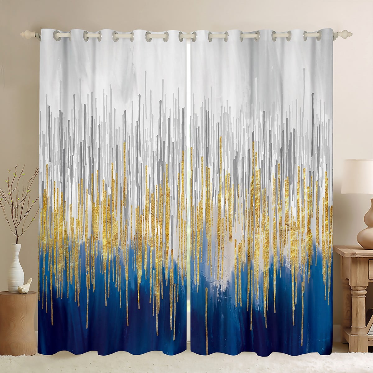 Abstract Art Curtains Navy Gold Grey Curtains & Drapes, Geometry Stripe ...
