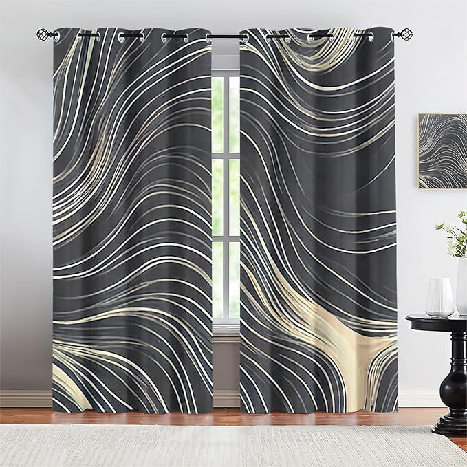 Abstract Art Design Geometric Curved Blackout Curtain, Dark Gray ...