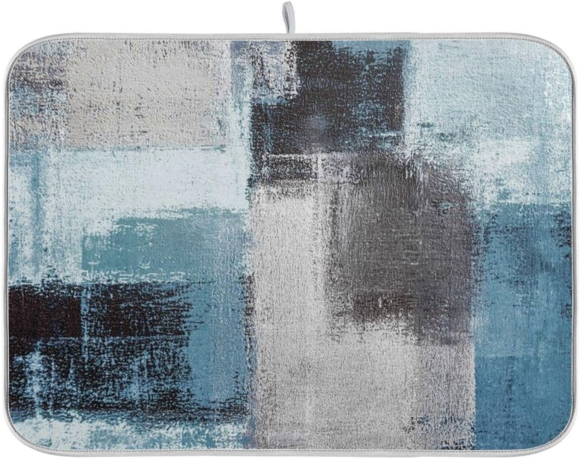 Abstract Art Dish Drying Mat for Kitchen Counter, Teal Blue Black Grey ...