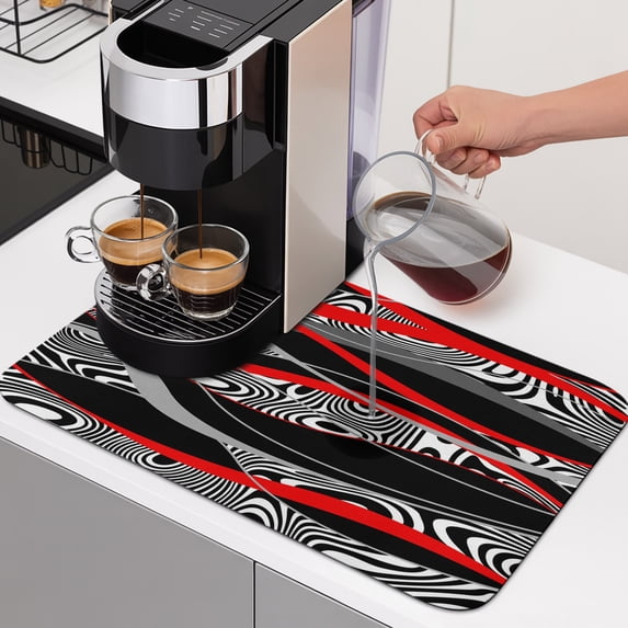 Abstract Art Dish Drying Mats for Kitchen Counter, Red Black Gray Lines ...