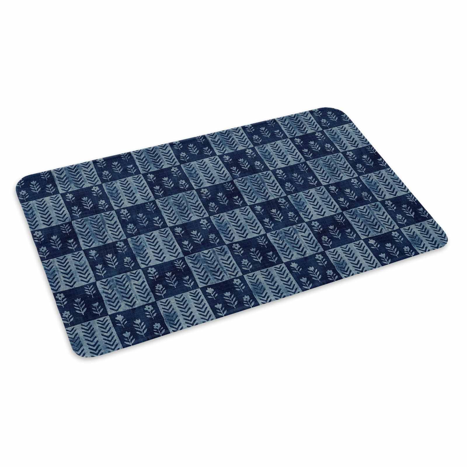 Abstract Art Doormat Vintage Flowers Plants Lines Dark Blue Plaid ...