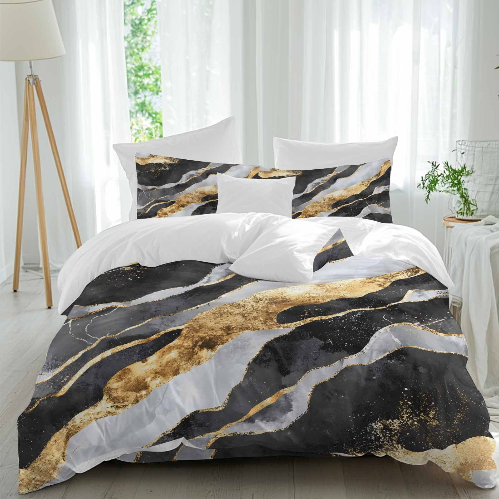 Abstract Art Duvet Cover Set Full Size Black Gold Gradient Marbling ...