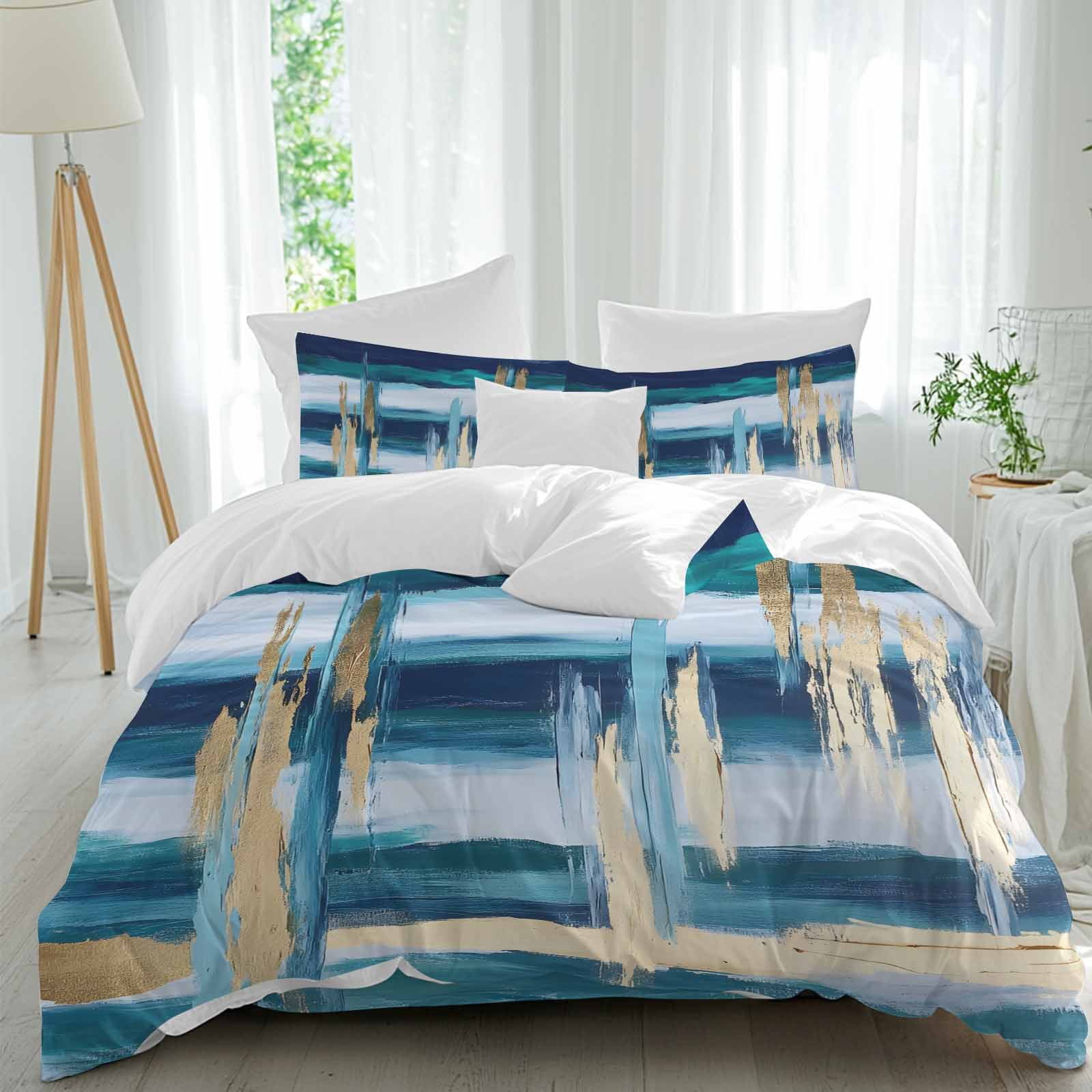 Abstract Art Duvet Cover Set King Size, Blue Gold White Ripple 4 Piece ...