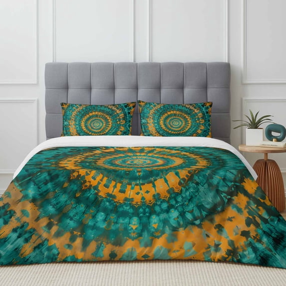 Abstract Art Duvet Cover Set King Size, Teal Yellow Tie-Dye Art Ethnic ...