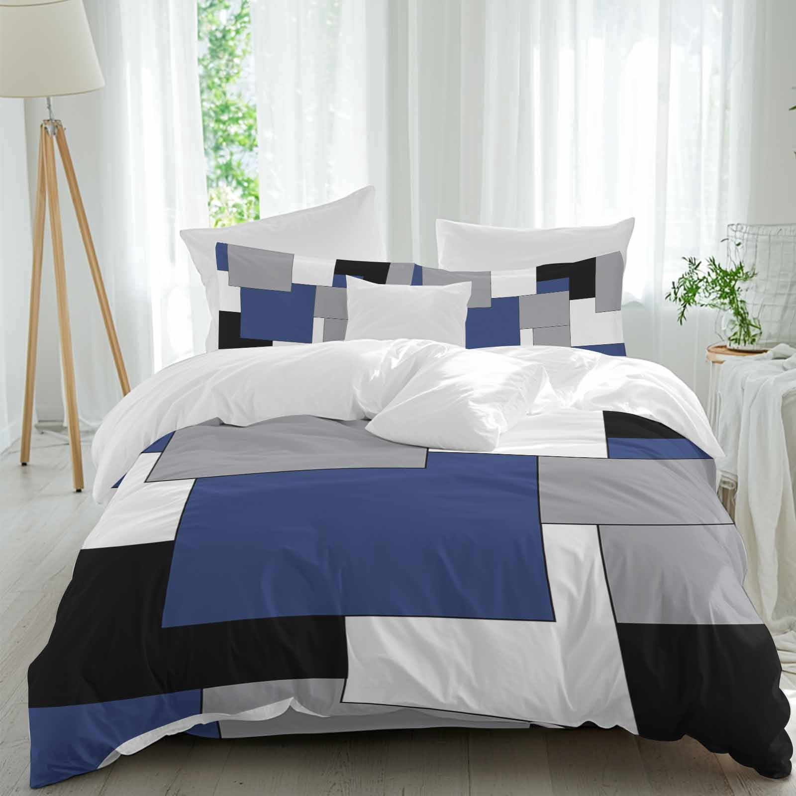 Abstract Art Duvet Cover Set Queen Size Patchwork Black and Navy blue ...