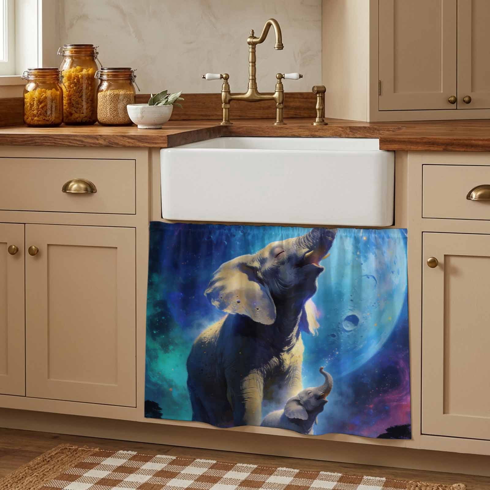 Abstract Art Elephants Cabinet Curtains 28"W x 35L, Blue Moon Forest ...