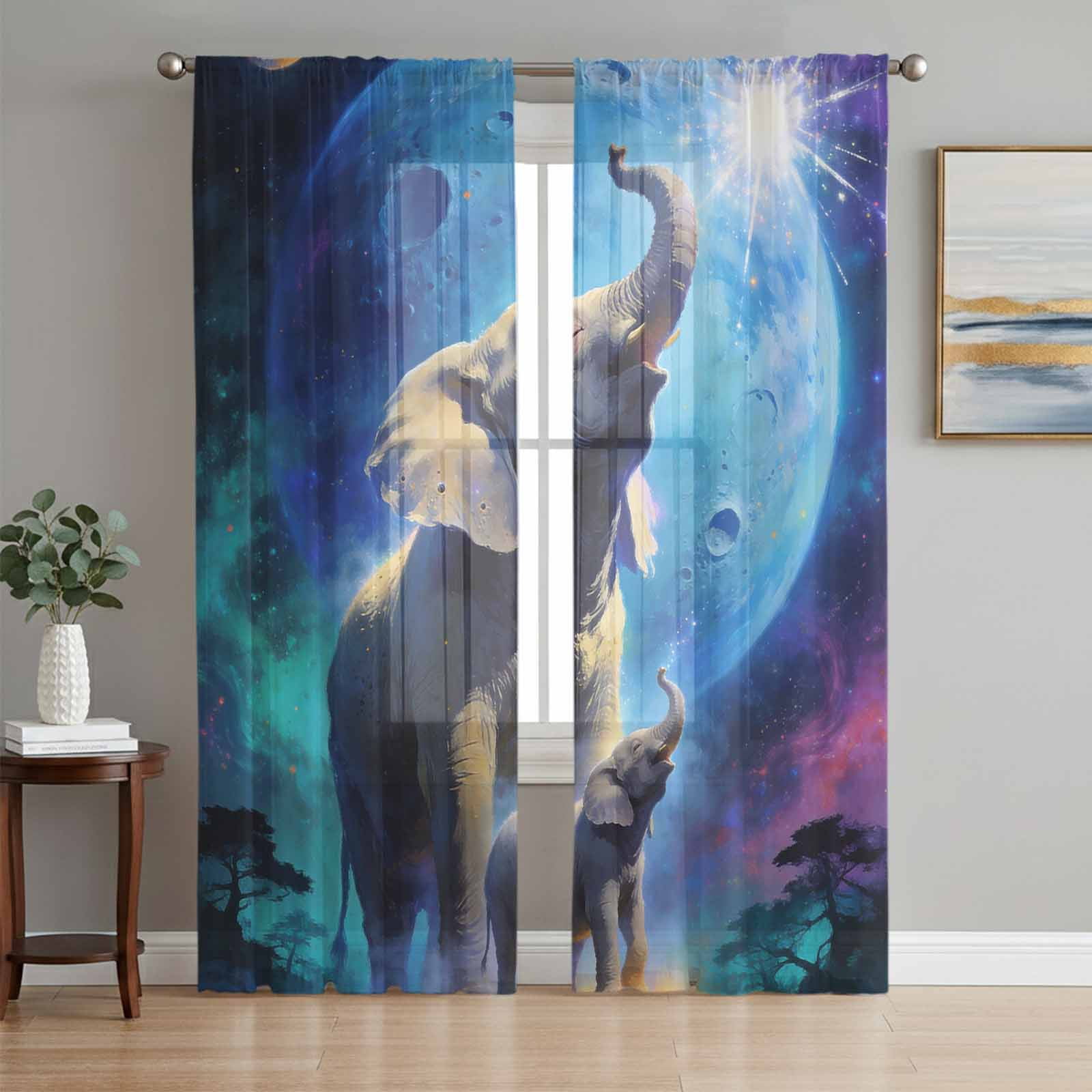 Abstract Art Elephants Sheer Curtains for Living Room Bedroom Blue Moon ...