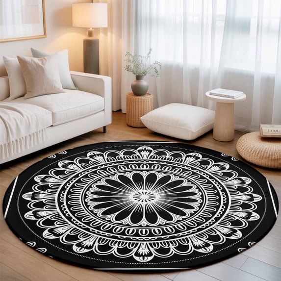 Abstract Art Ethnic Floral on Black Round Rug 5ft Bohemia Flower ...