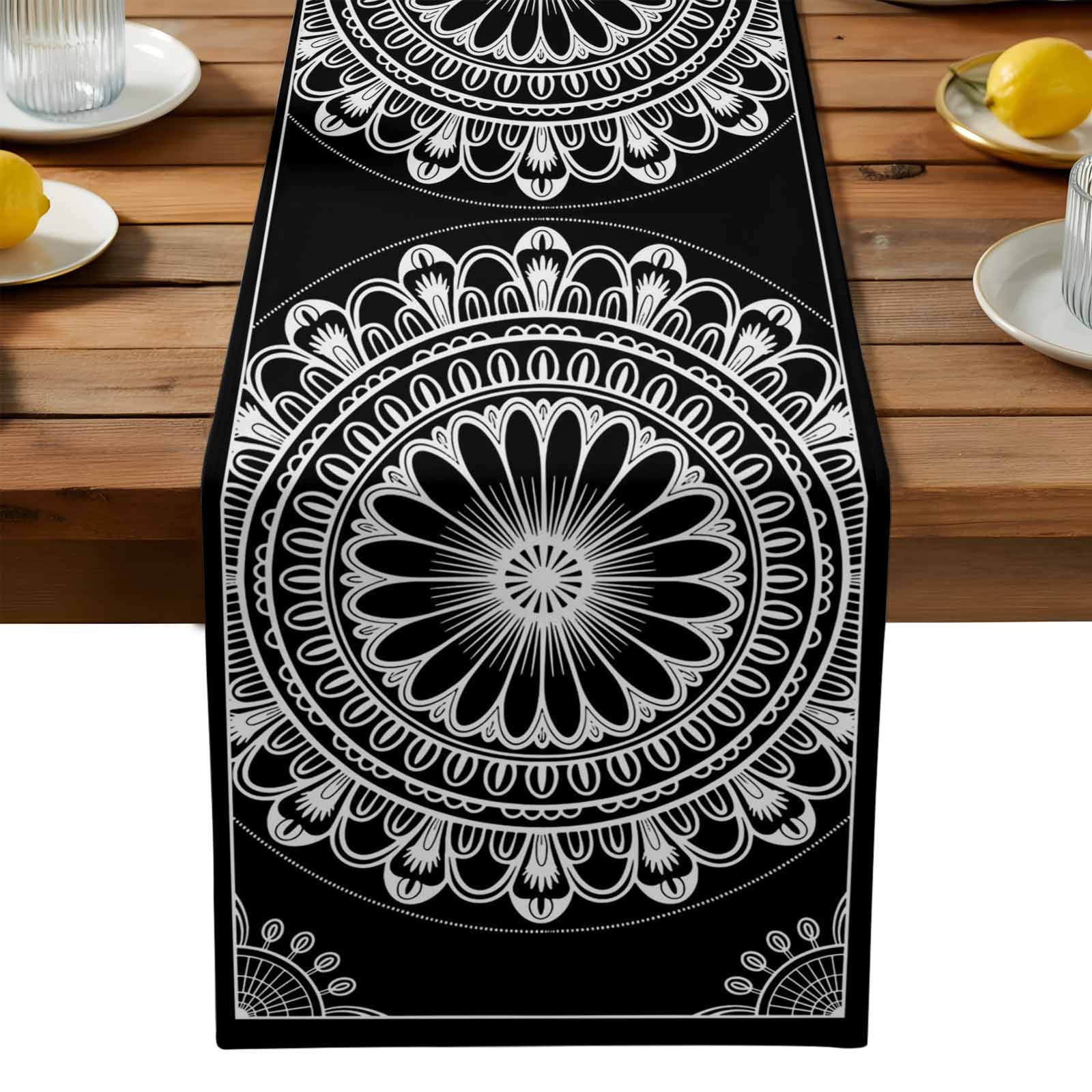 Abstract Art Ethnic Floral on Black Table Runner-70 Inch Long Bohemia ...