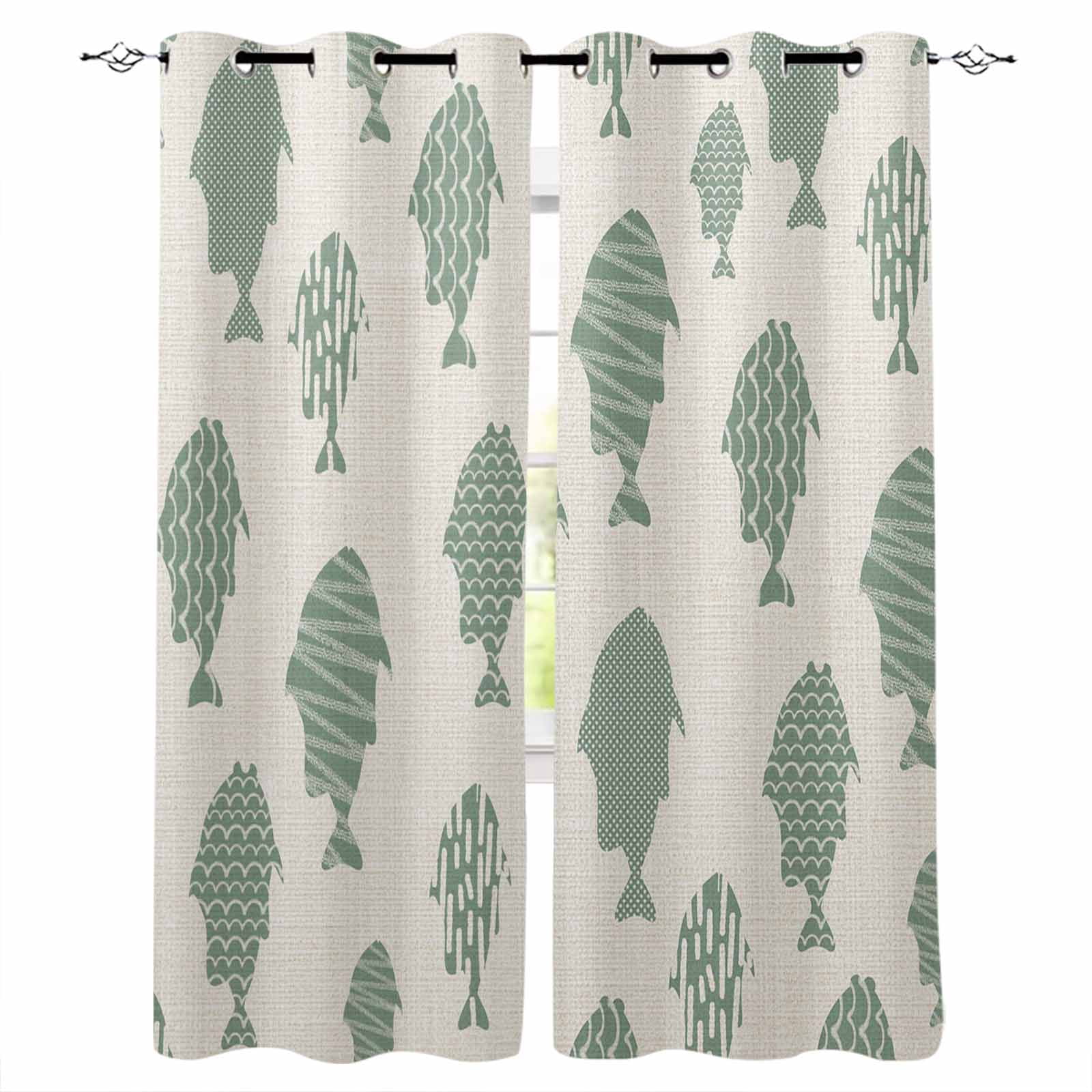 Abstract Art Fish Green Kitchen Curtains Coastal Ocean Summer Marine ...