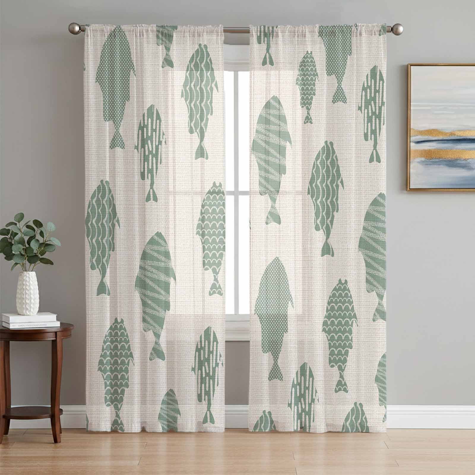 Abstract Art Fish Green Semi Sheer Curtains 84 Inch Length 2 Panels Set ...