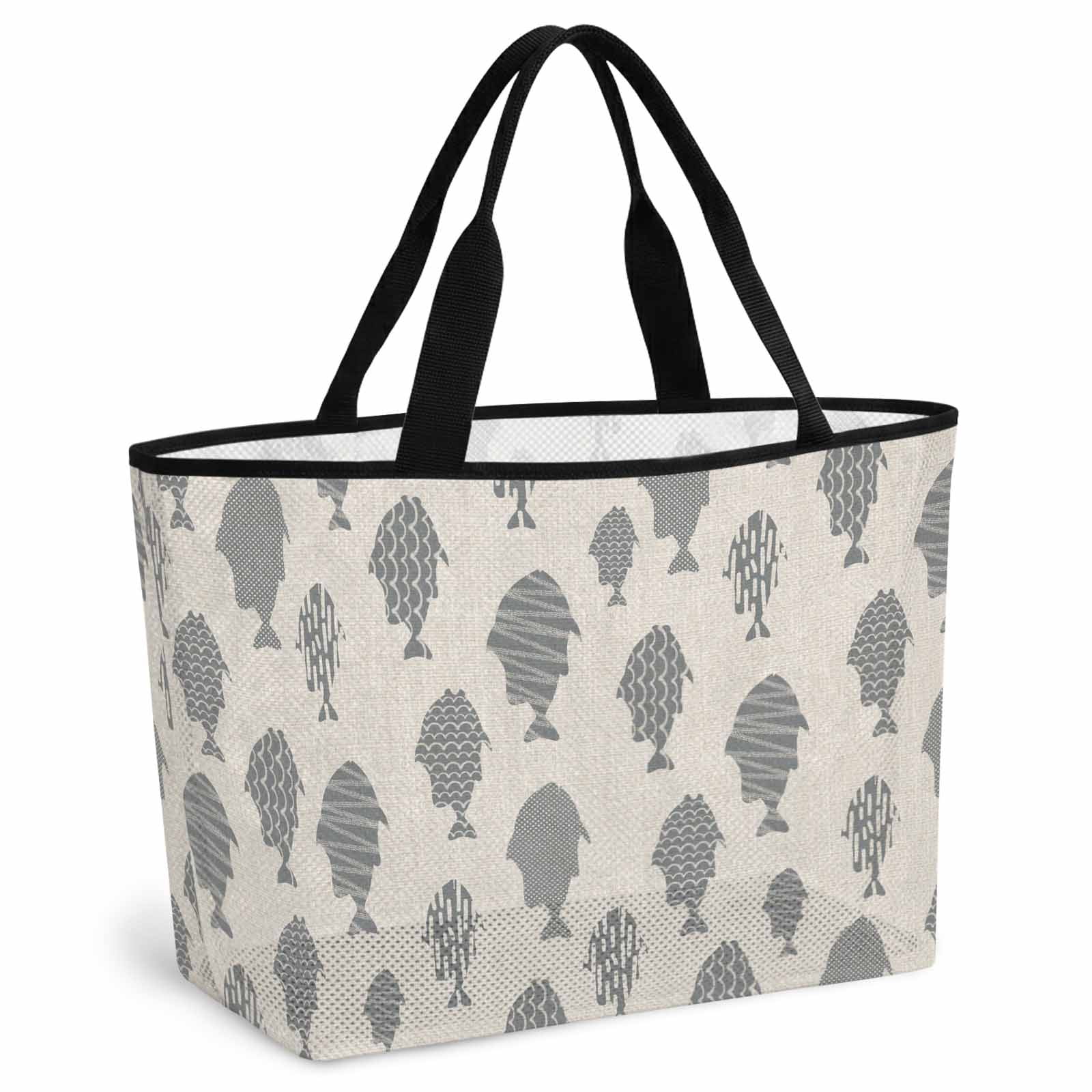 Abstract Art Fish Grey Beach Bag for Women, Large Breathable Mesh Beach ...