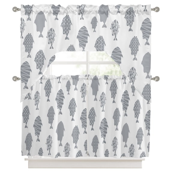 Abstract Art Fish Grey Kitchen Curtains Swag Valance and Tier Curtains ...