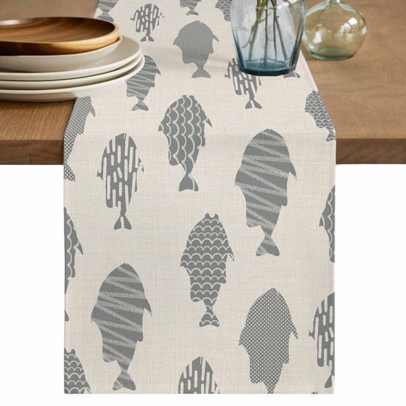 Abstract Art Fish Grey Table Runner 120 Inches, Coastal Ocean Summer ...