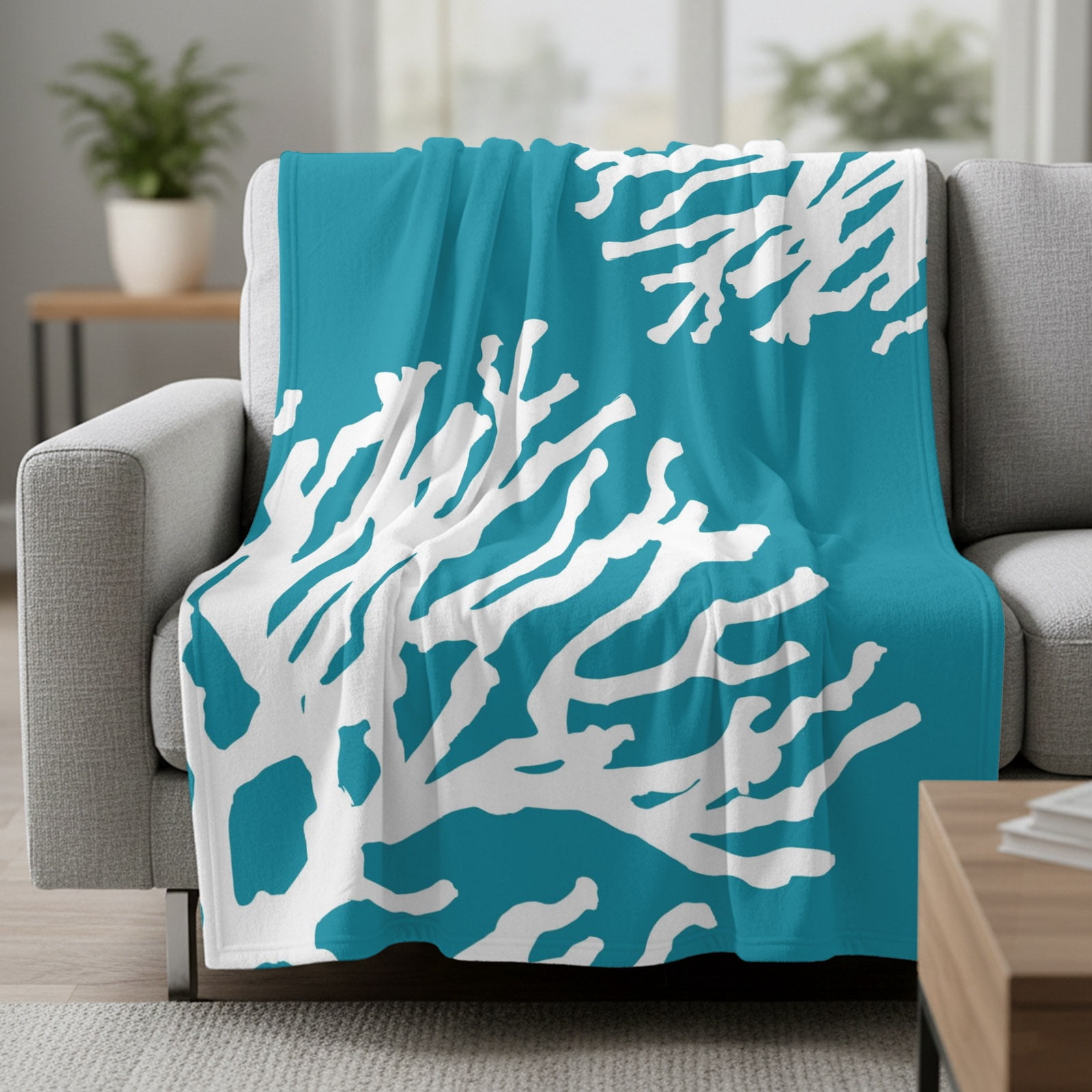 Abstract Art Fleece Throw Blanket Coral Blue Background Modern Simple ...