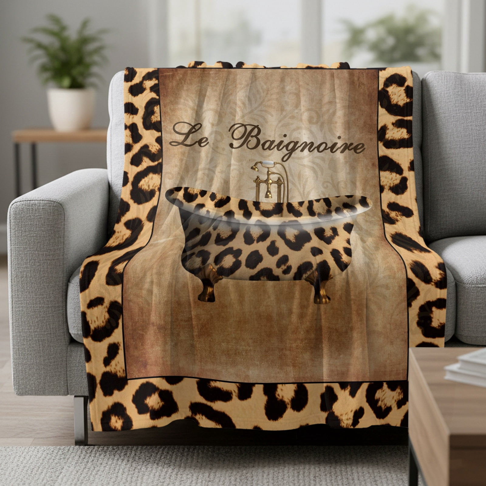 Abstract Art Fleece Throw Blanket Leopard Bathtub Le Baignoire Brown ...