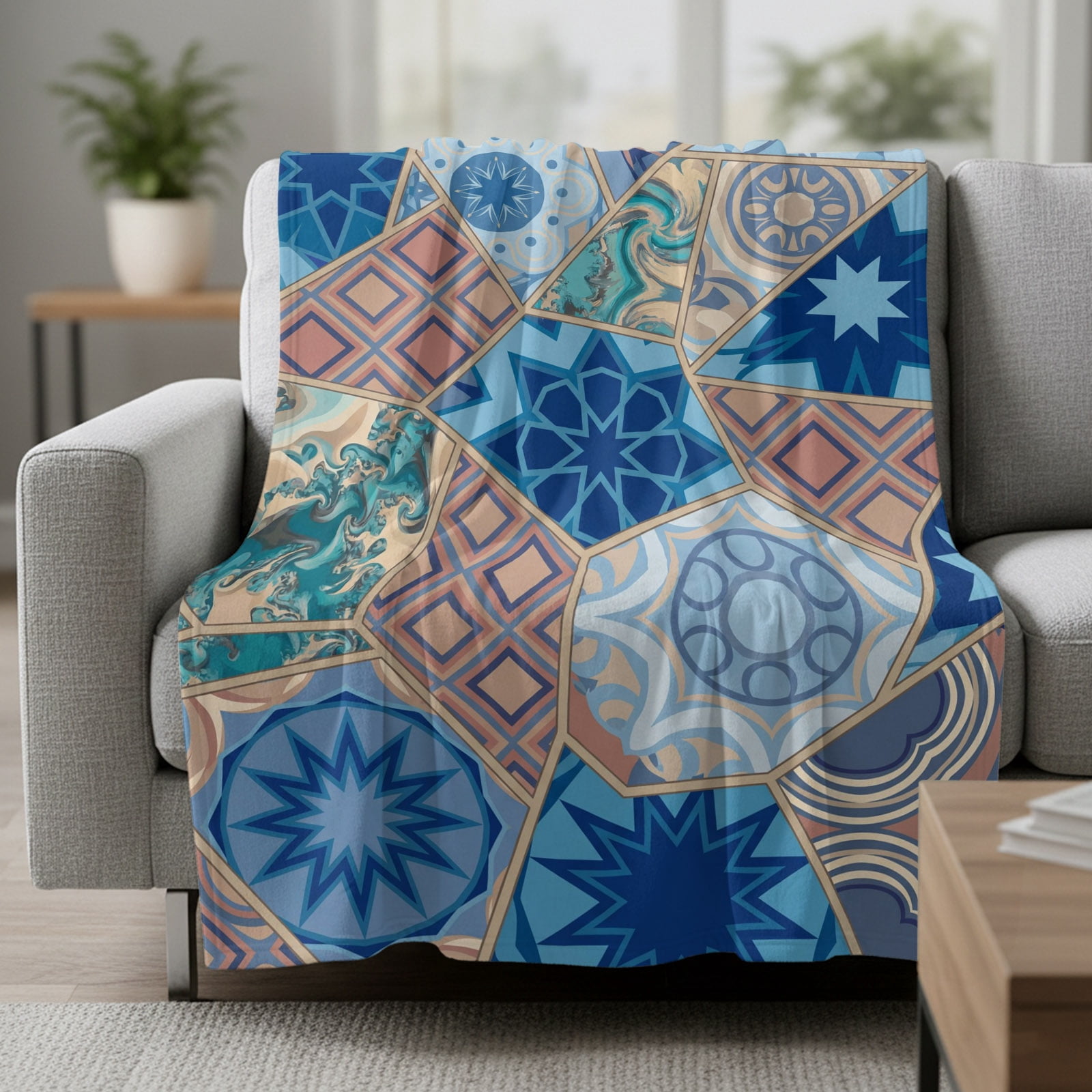 Abstract Art Fleece Throw Blanket Orange Blue Geometric Flower Line ...