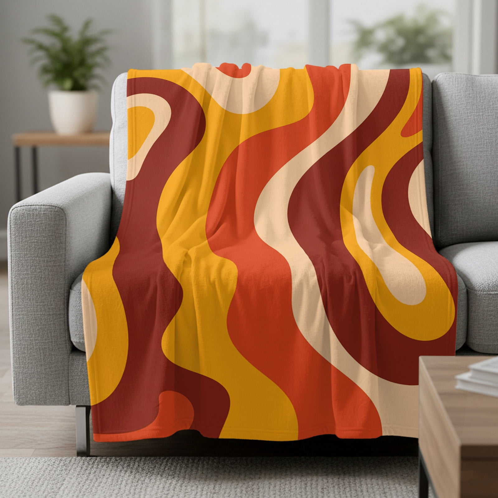 Abstract Art Fleece Throw Blanket Orange Brown Yellow Pattern Retro ...