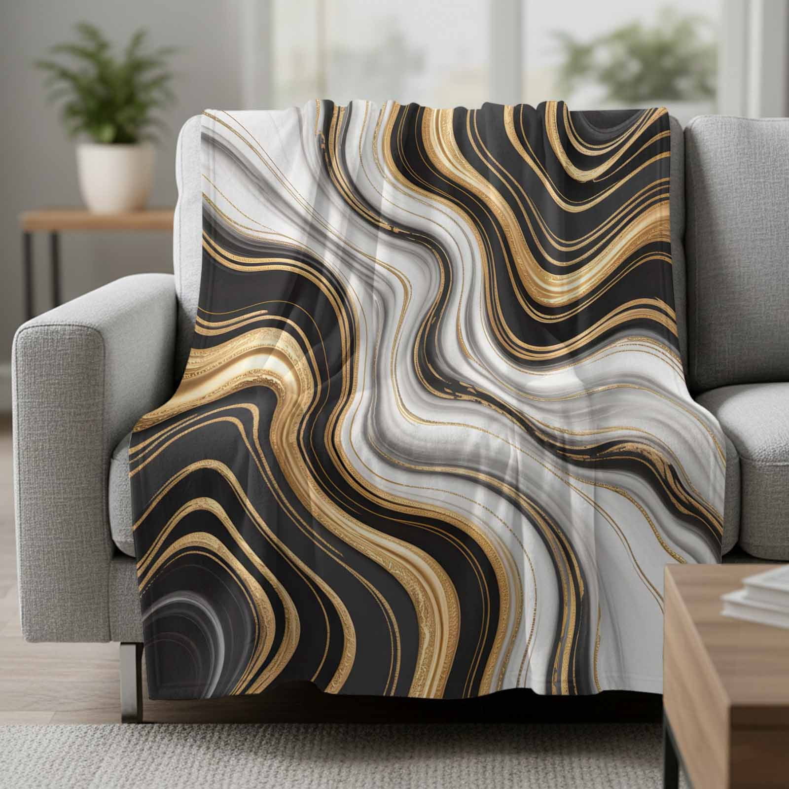 Abstract Art Fleece Throw Blanket Retro Black Yellow White Marble ...