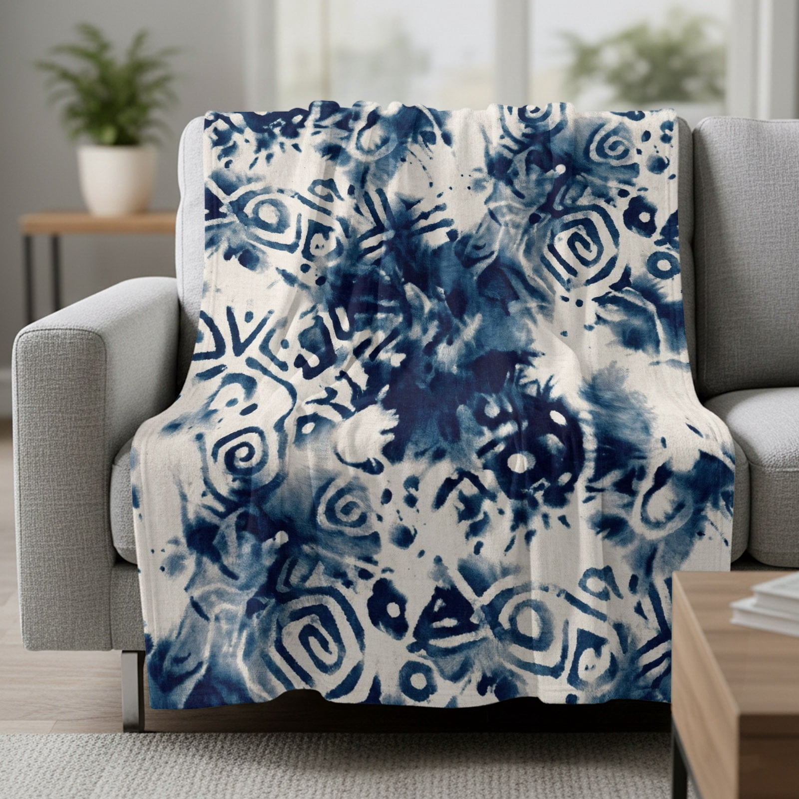 Abstract Art Fleece Throw Blanket Vintage Navy Blue Geometric Mottled ...