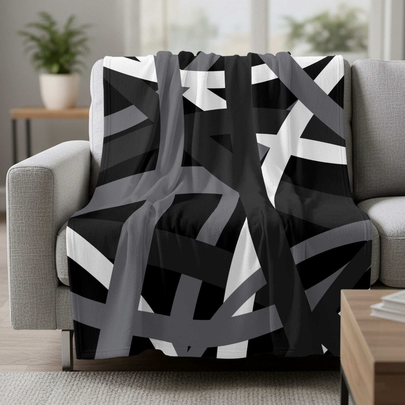 Abstract Art Fleece Throw Blanket White Black Gray Line Modern Simple ...