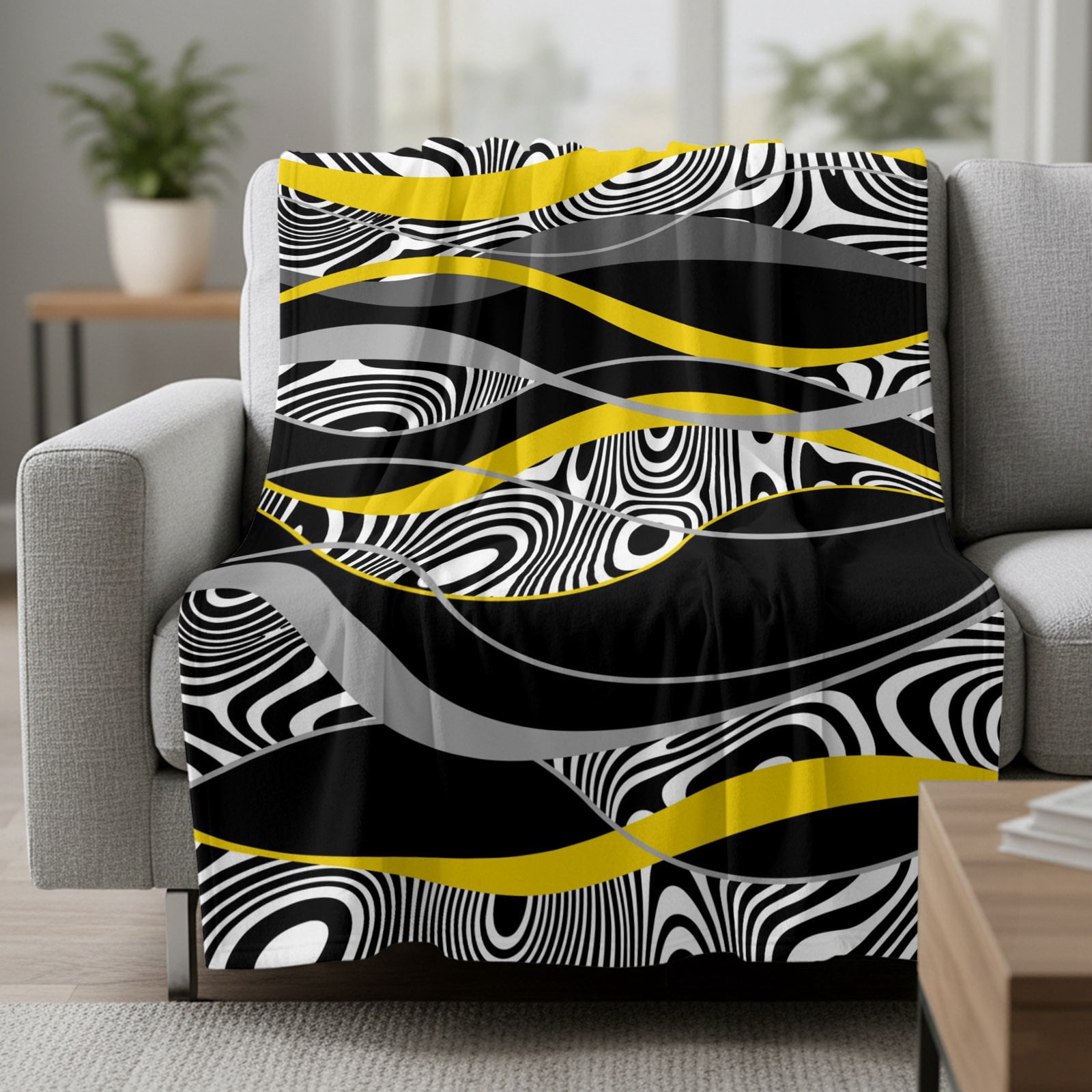 Abstract Art Fleece Throw Blanket Yellow Black Gray Lines Psychedelic ...
