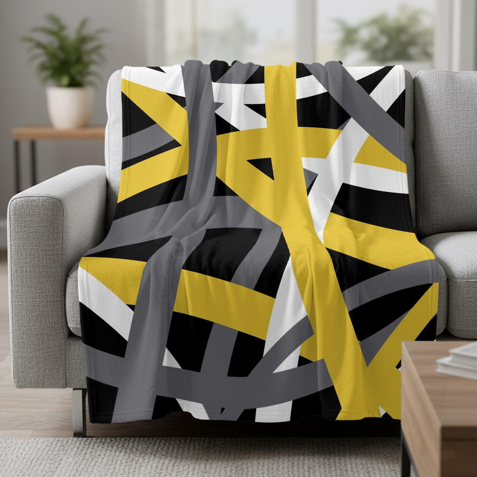 Abstract Art Fleece Throw Blanket Yellow White Black Gray Line Modern ...