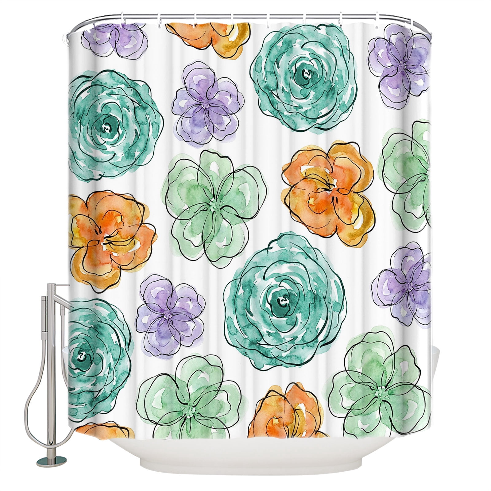 Abstract Art Floral Bathroom Shower Curtains with 12 Hooks Polyester ...