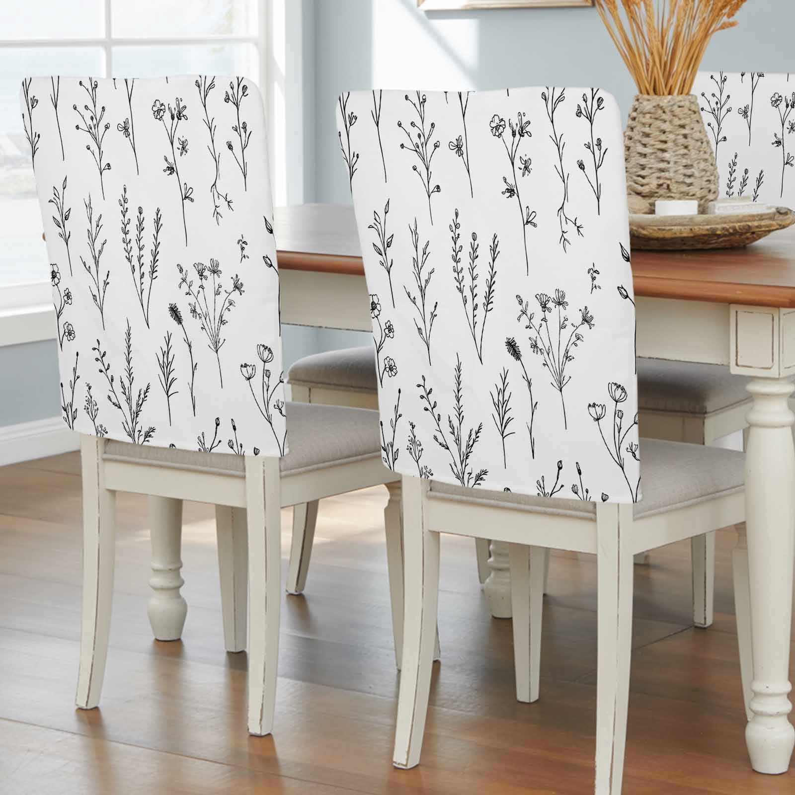 Abstract Art Flower Line Texture Chair Covers Set of 4 Black Floral ...