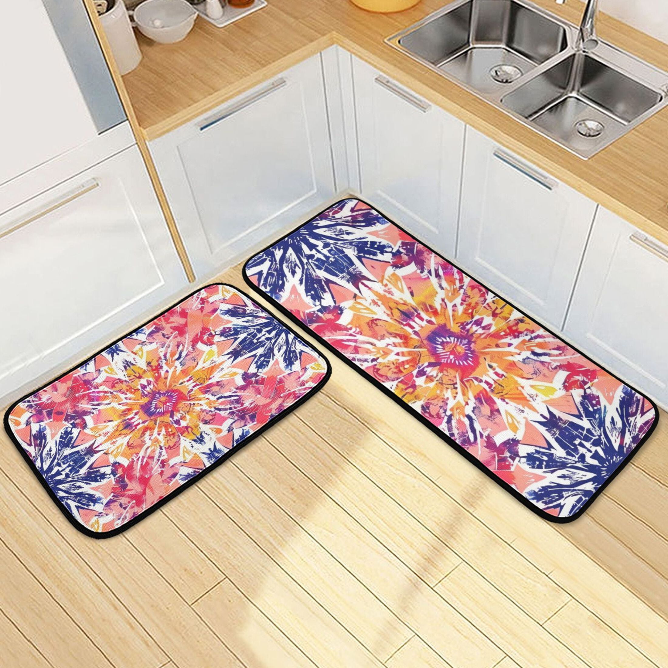 Abstract Art Flowers Kitchen Rugs Set of 2 Non Slip Floor Foam Mat ...