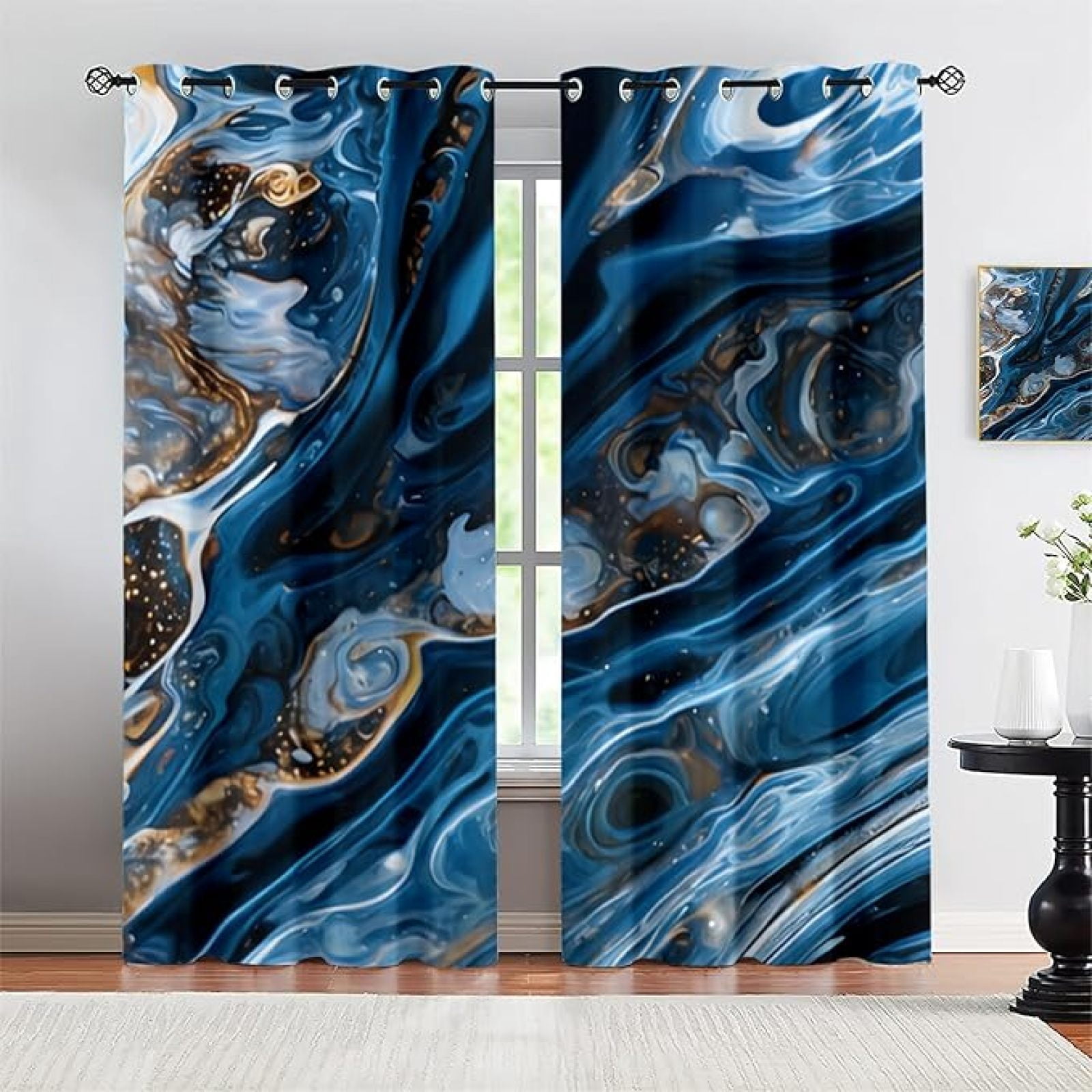 Abstract Art Fluid Painting Print Curtain, Sea Blue Liquid Color Mixing ...