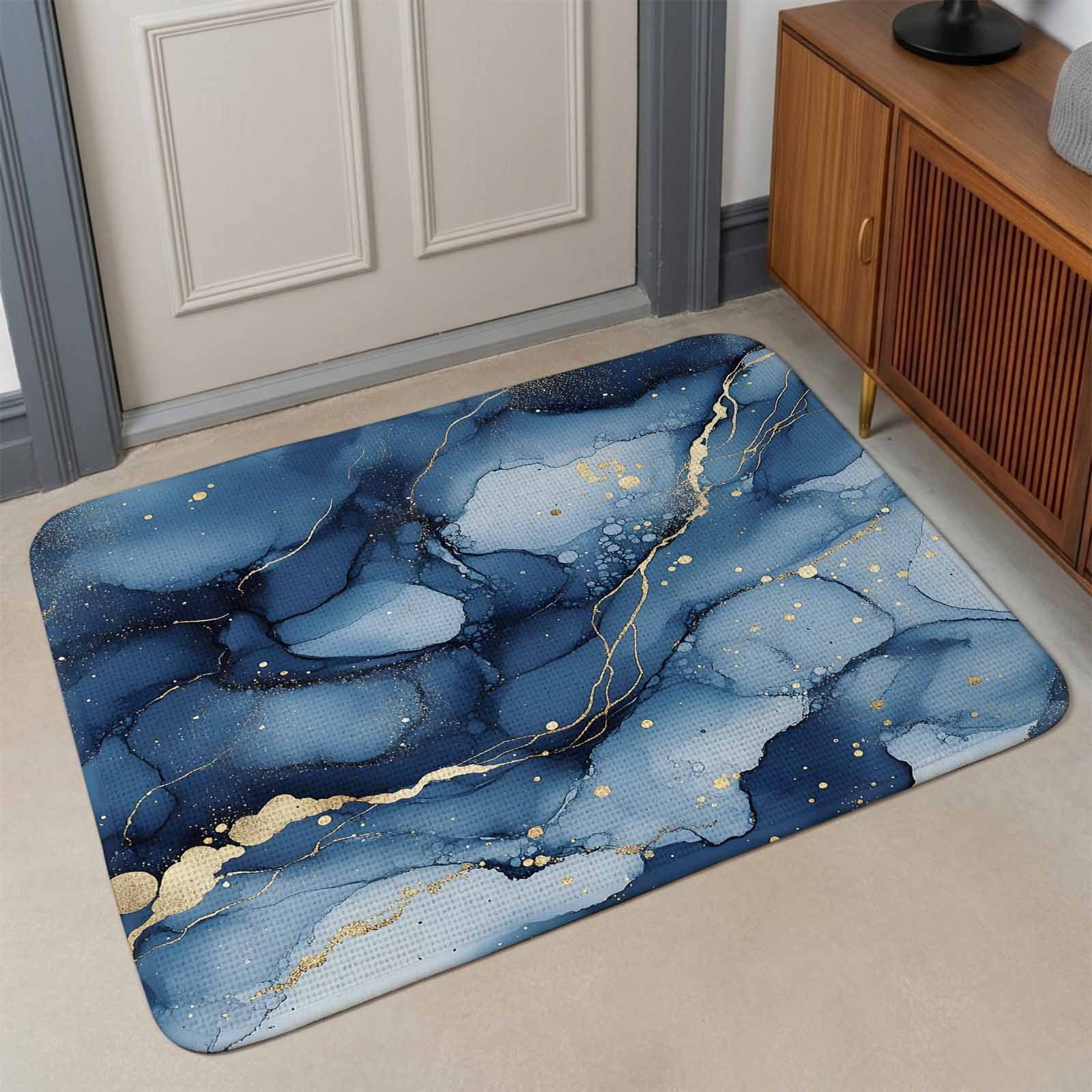 Abstract Art Front Door Mat Indoor Entrance, Blue Gold Gradient Marble ...