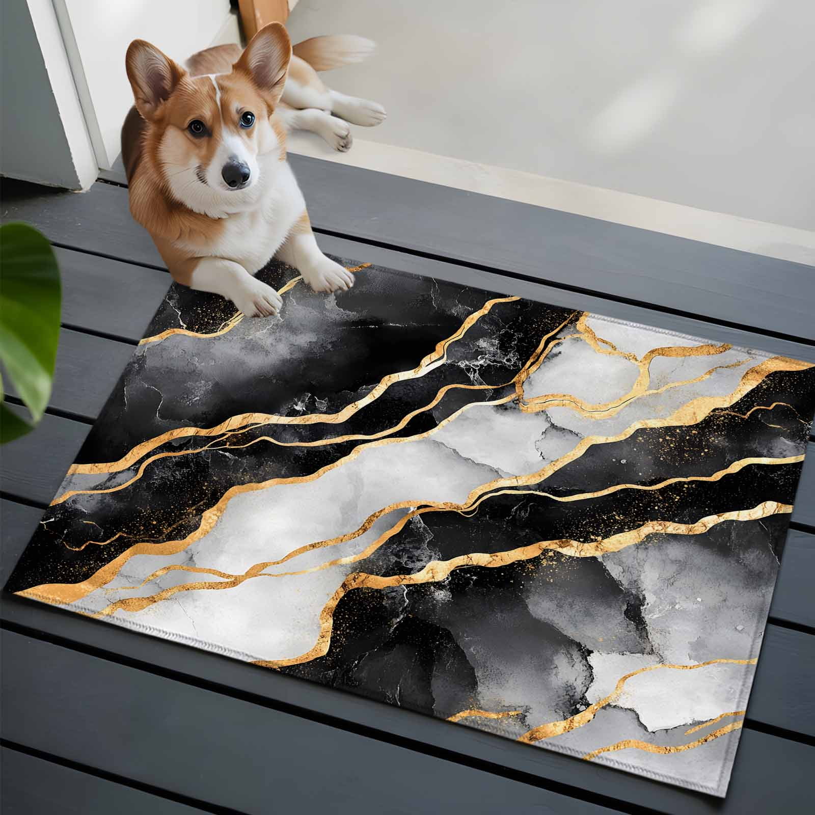 Abstract Art Front Door Rugs 2x3 ft White Black Gradient Marbling Water ...