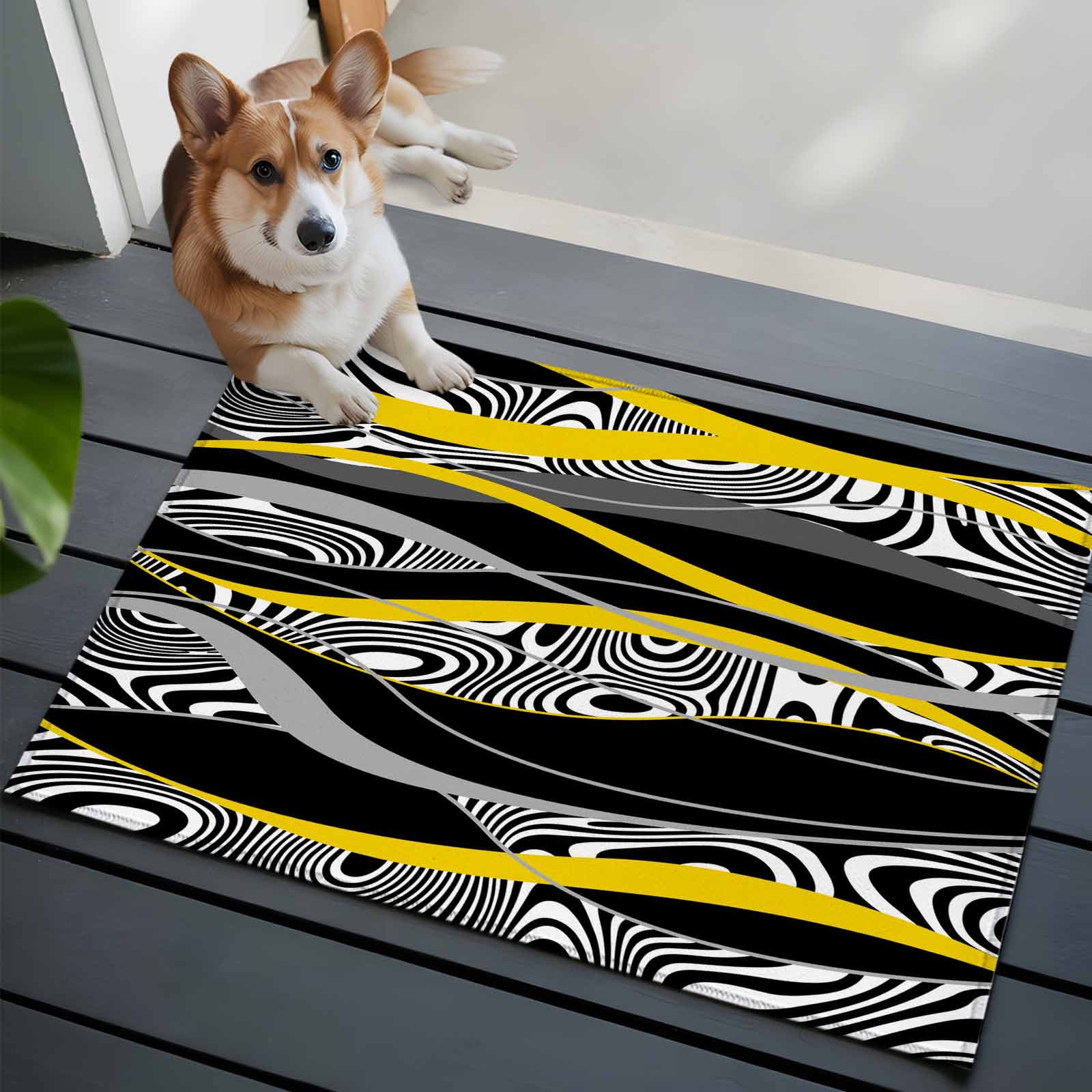 Abstract Art Front Door Rugs 2x3 ft Yellow Black Gray Lines Psychedelic ...