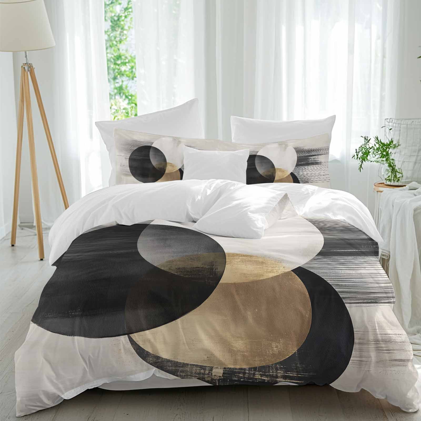 Abstract Art Full Duvet Cover Set, Mottled Black White Gold Circle Moon ...