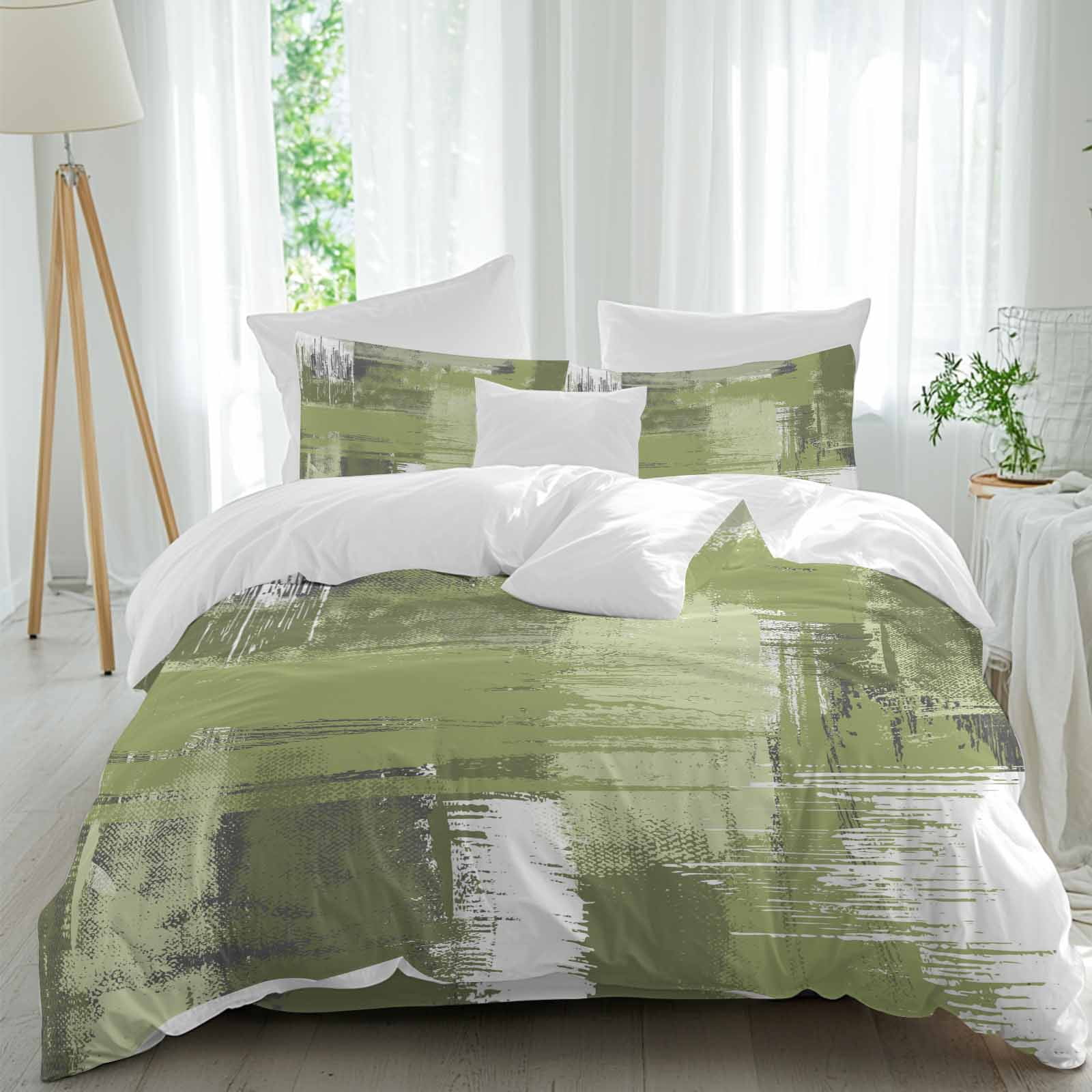 Abstract Art Full Duvet Cover Set, Sage Green Mottled Color Block Oil ...