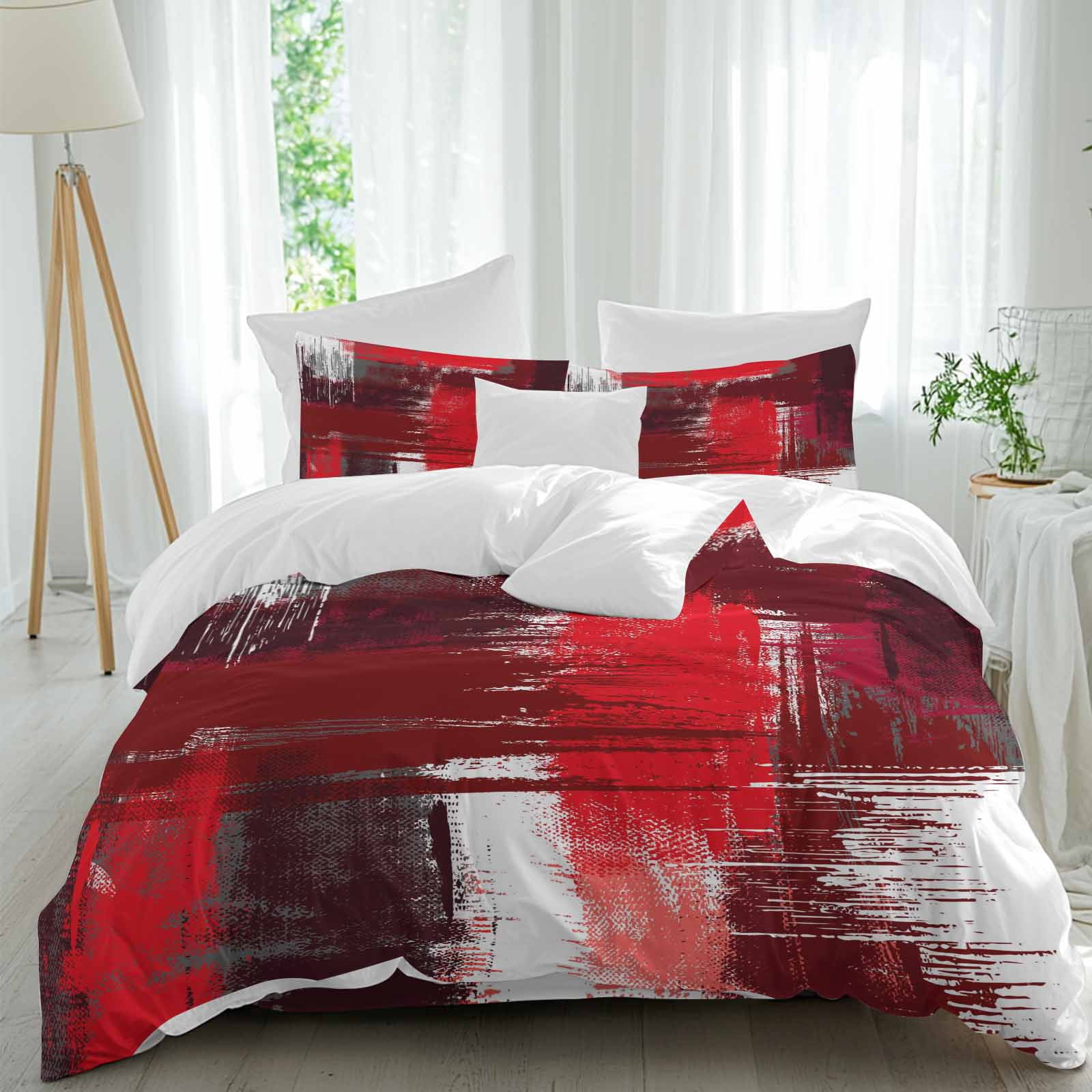 Abstract Art Full Duvet Cover Set, Vintage Red Gray Mottled Color Block ...