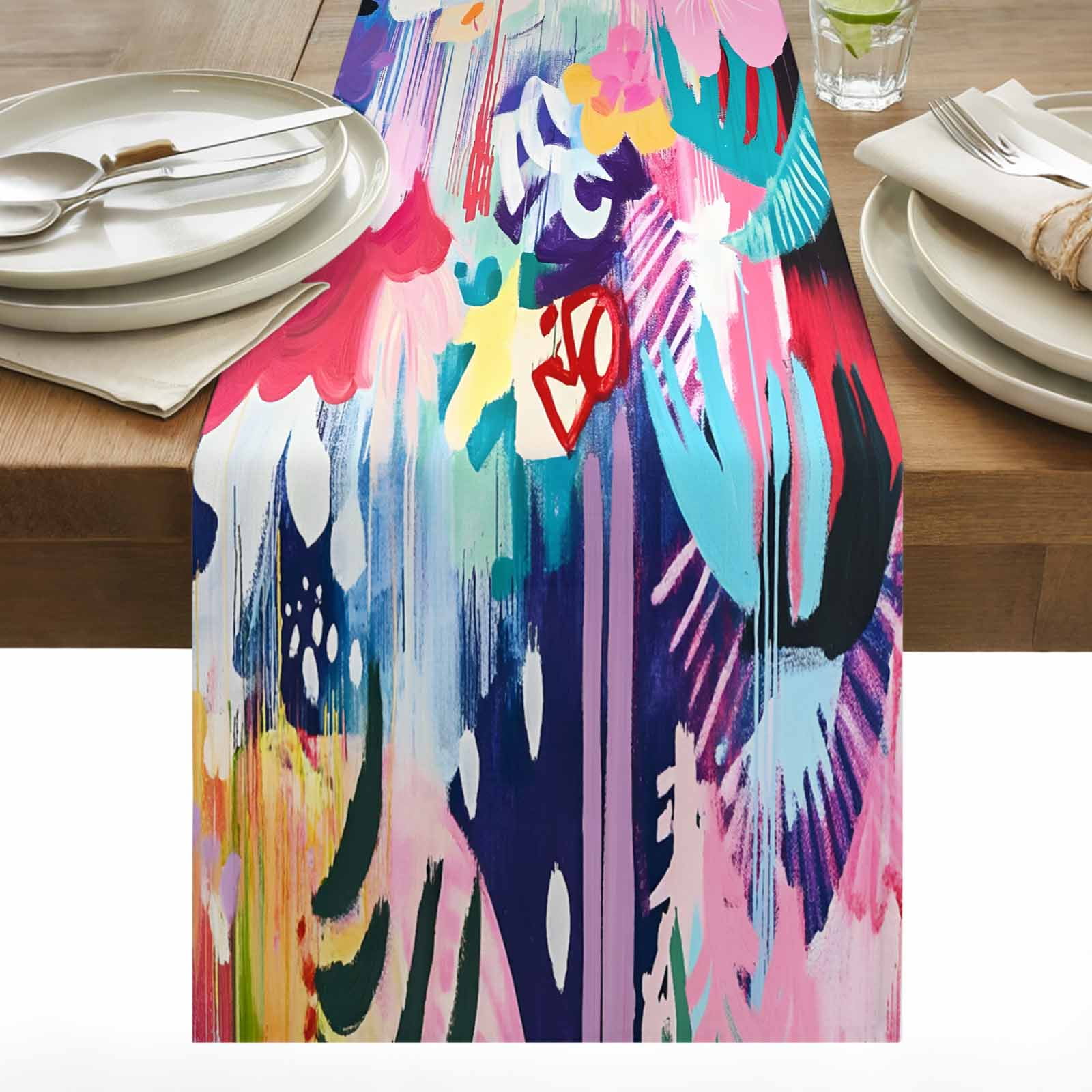 Abstract Art Graffiti Table Runner 13x60 inch Watercolor Pink Flower ...
