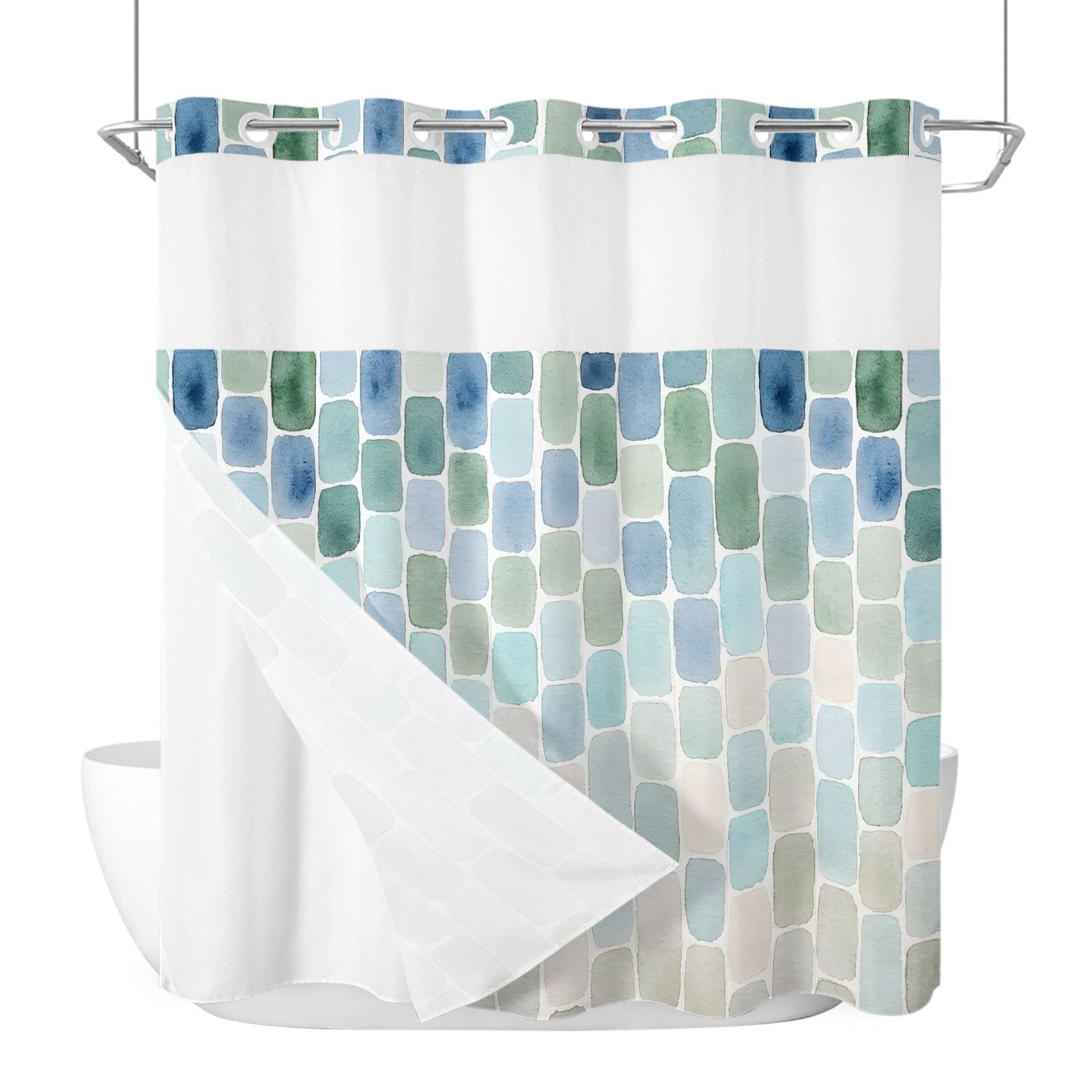 Abstract Art No Hook Shower Curtain with Snap in Liner, Blue Green ...