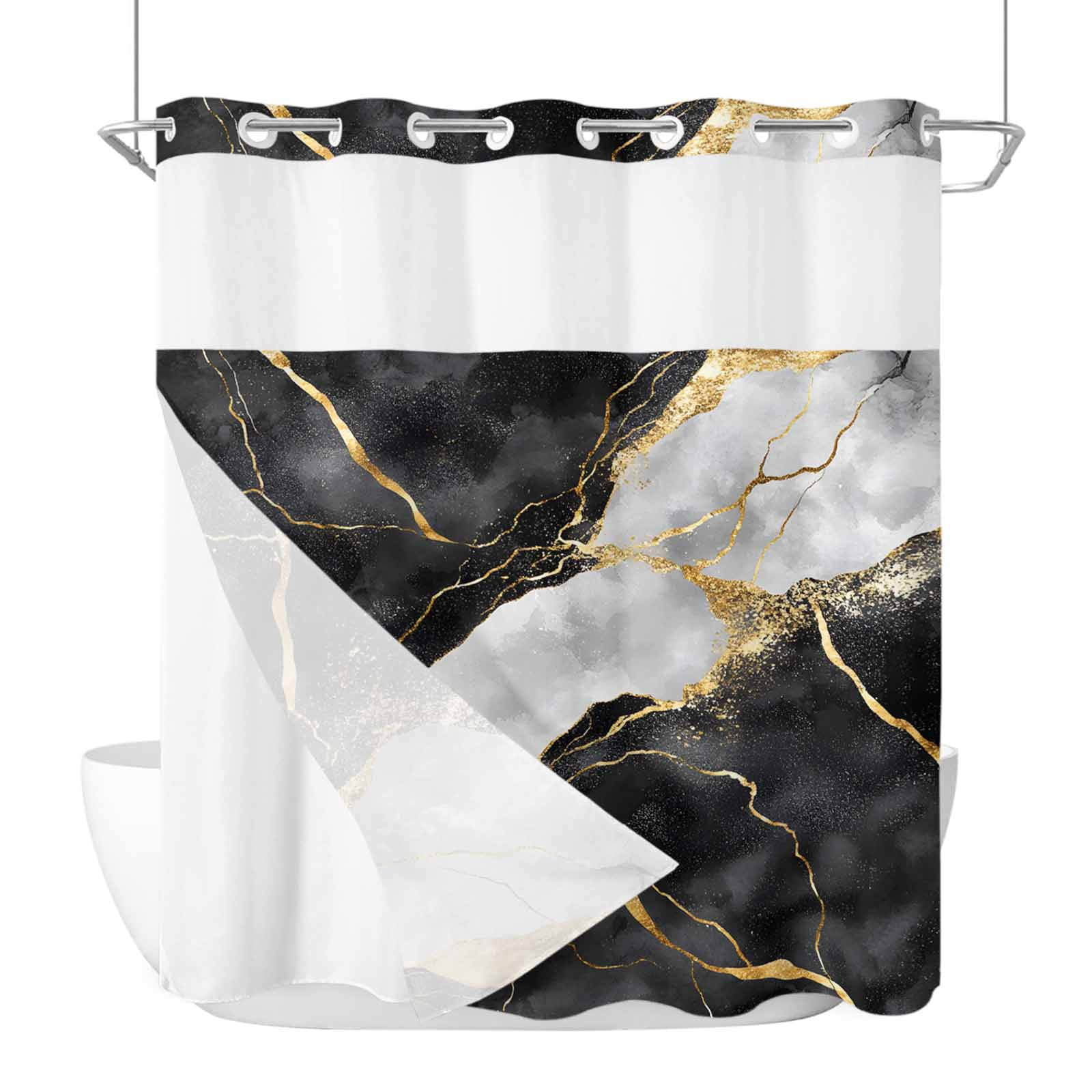 Abstract Art No Hook Shower Curtain with Snap in Liner, Gold Black ...