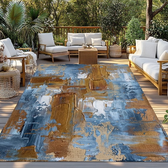 Abstract Art Indoor Outdoor Rugs 3x5 Ft, Brown Blue Graffiti Paint ...