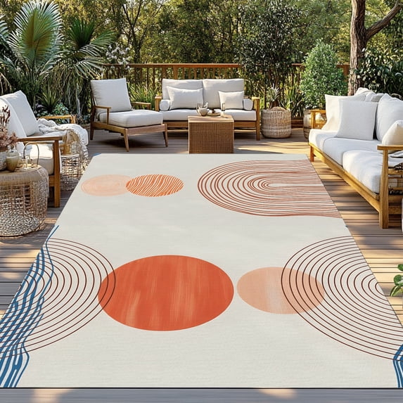Abstract Art Indoor Outdoor Rugs 5x7 Ft, Sunset Orange Blue Line Circle ...