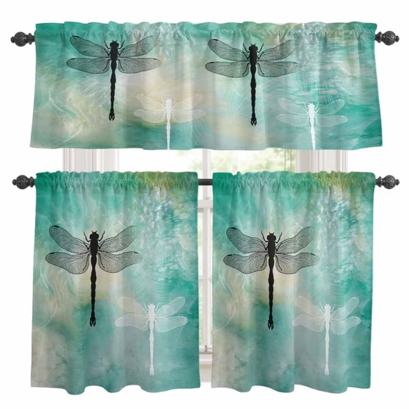 Abstract Art Kitchen Curtains Set for Windows, Black White Dragonfly ...