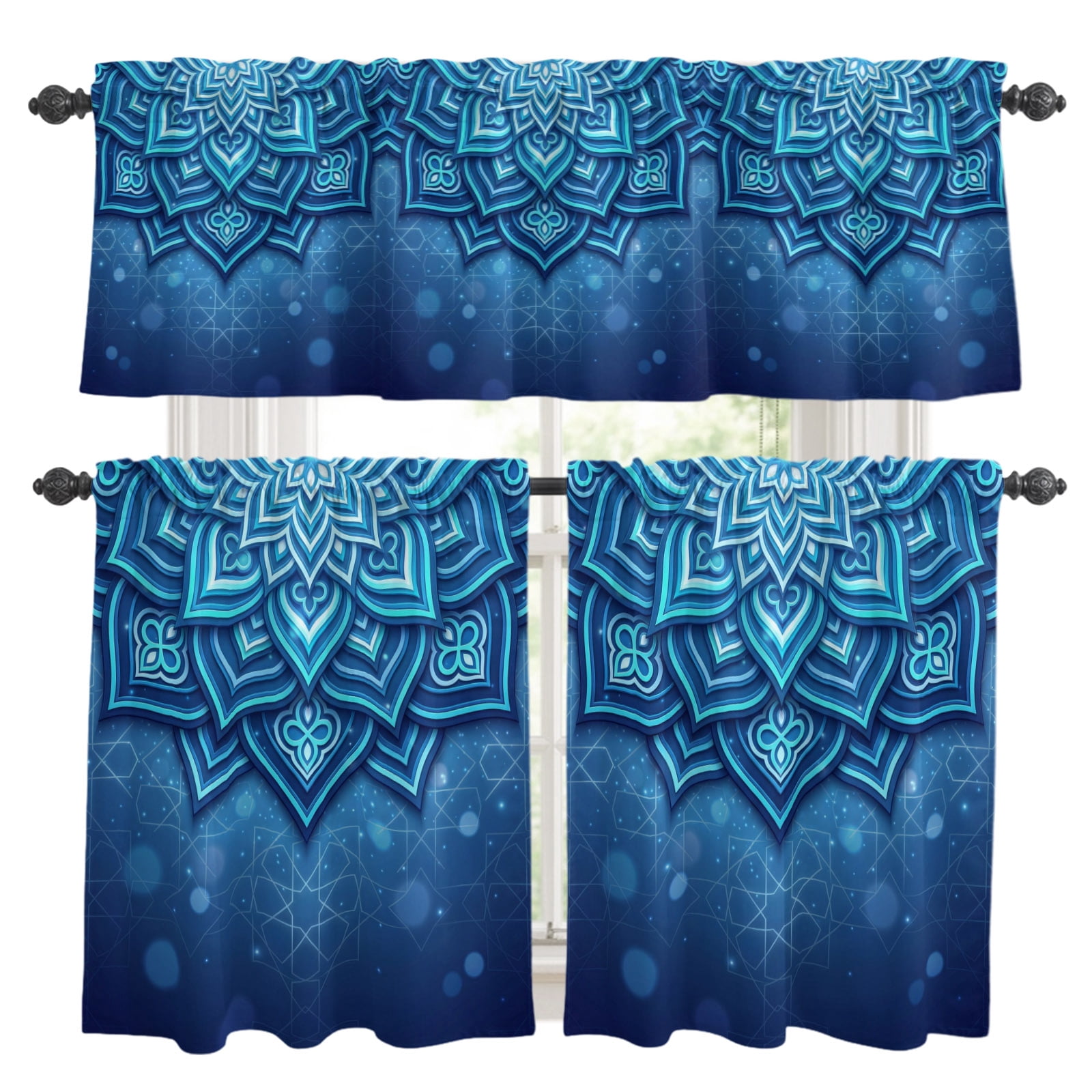 Abstract Art Kitchen Curtains Set for Windows, Blue Gradient Flower 3D ...