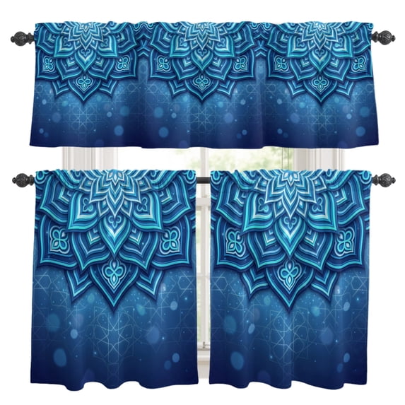 Abstract Art Kitchen Curtains Set for Windows, Blue Gradient Flower 3D ...