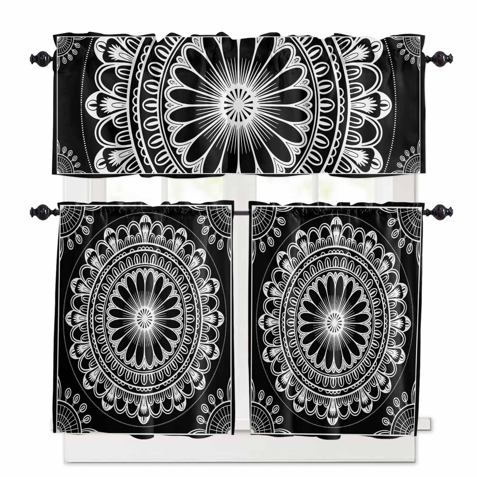 Abstract Art Kitchen Curtains Valance and Tier Set Black Ethnic Simple ...