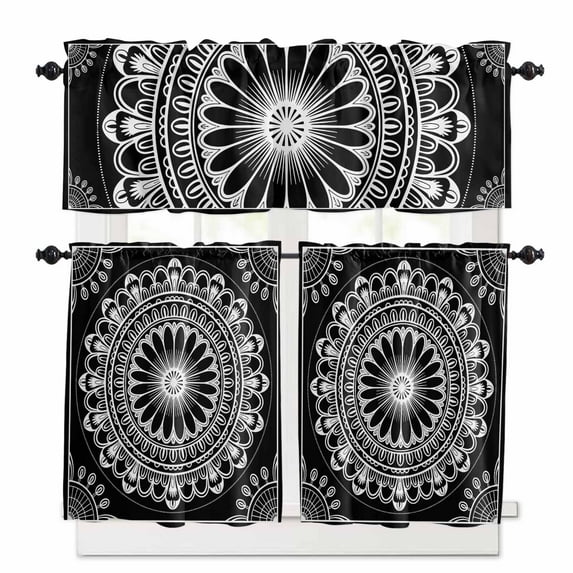 Abstract Art Kitchen Curtains Valance and Tier Set Black Ethnic Simple ...