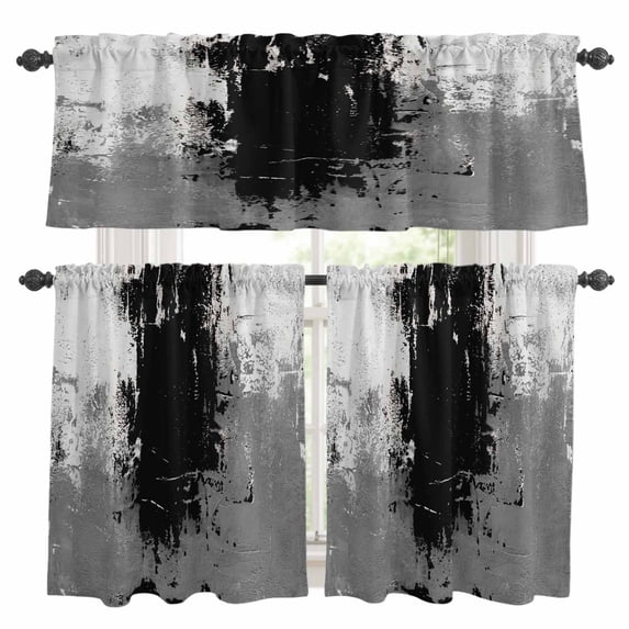 Abstract Art Kitchen Curtains Valance and Tier Set Black Grey Wall ...
