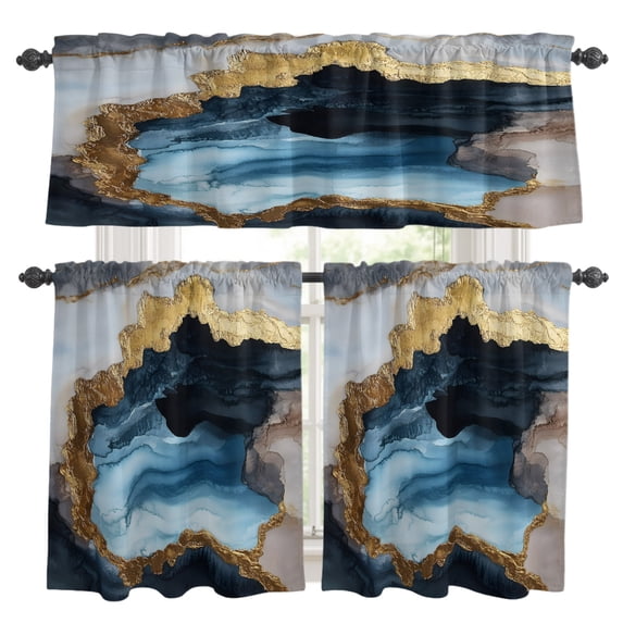 Abstract Art Kitchen Curtains Valance and Tier Set Blue Gold Marble ...