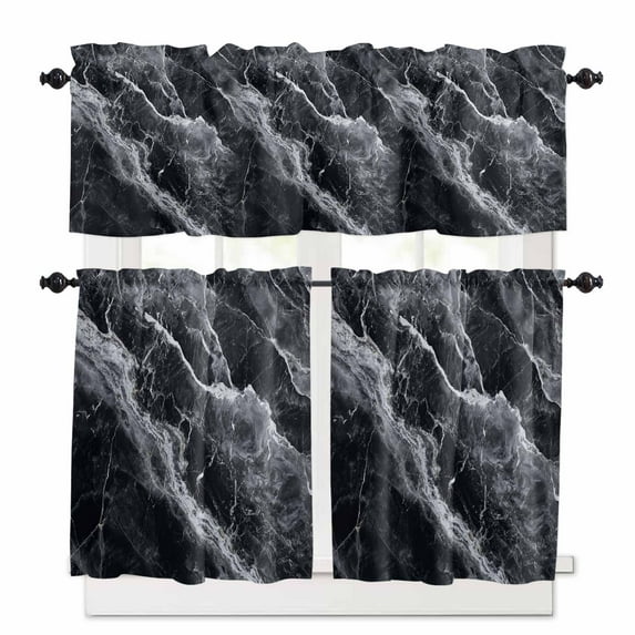 Abstract Art Kitchen Curtains Valance and Tier Set Dark Gray Marble ...